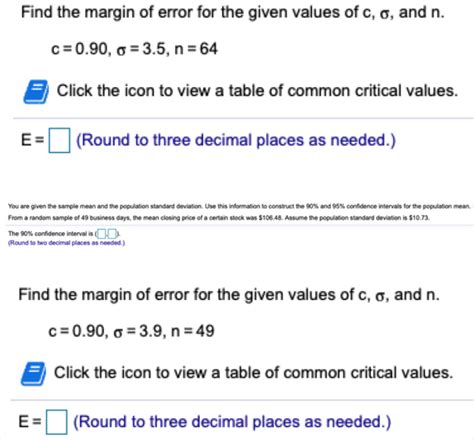 solved find the margin of error for the given values of c