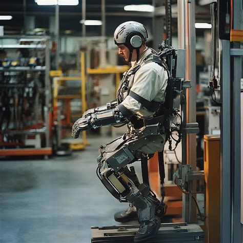 Factory Worker Using An Advanced Exoskeleton Premium Ai Generated Image