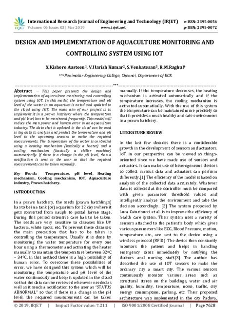 Pdf Irjet Design And Implementation Of Aquaculture Monitoring And Controlling System Using