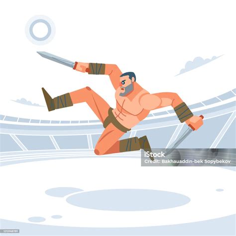 스파르타 전사들은 검투사의 경기장에서 싸운다 두 개의 검을 든 검투사가 점프를 하며 발을 내딛습니다 벡터 절연 그림입니다 플랫 만화 스타일입니다 Empire에 대한 스톡