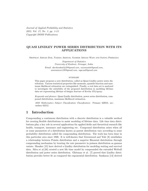 Pdf Quasi Lindley Power Series Distribution With Its Applications