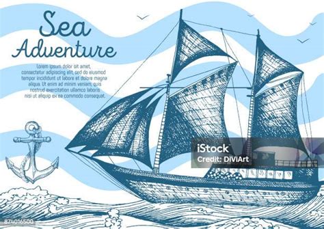 잉크에 항해 벡터 일러스트입니다 파도에 호위 함입니다 바다 디자인 서식 파일입니다 그림 그리기에 대한 스톡 벡터 아트 및 기타