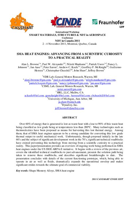 Pdf Sma Heat Engines Advancing From A Scientific Curiosity To A Practical Reality