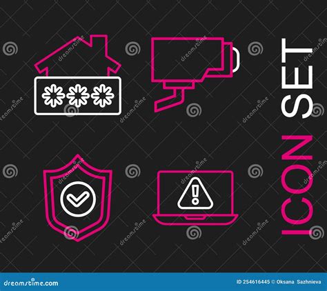 Set Line Laptop With Exclamation Mark Shield Check Security Camera And House Password Icon