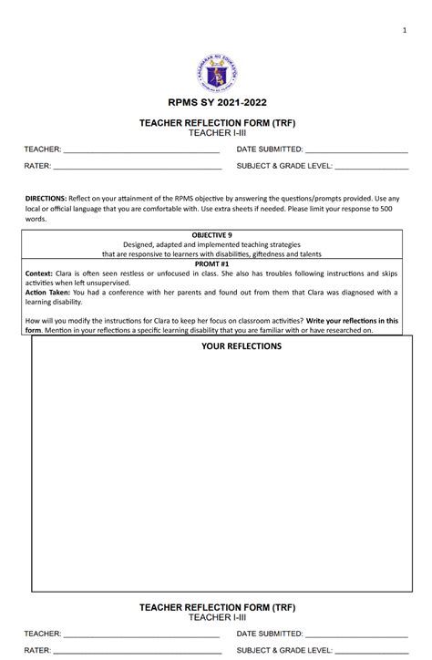 Rpms Sy 2021 2022 Teacher Reflection Form Trf Directions Reflect On Your Attainment Of The