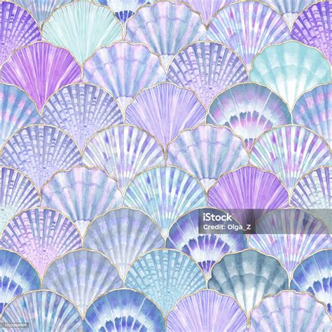 수채화 바다 껍질 원활한 패턴 손으로 그린 조개 질감 빈티지 바다 배경 조개 껍데기에 대한 스톡 벡터 아트 및 기타 이미지