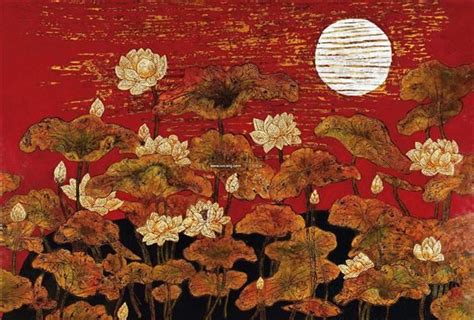 蛋壳漆画荷花 蛋壳漆画 蛋壳镶嵌漆画 大山谷图库