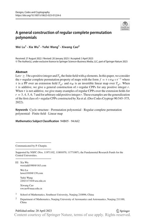 A General Construction Of Regular Complete Permutation Polynomials Request PDF