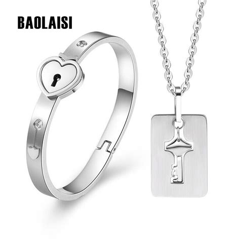 연인을 위한 커플 쥬얼리 세트 스테인레스 스틸 러브 하트 잠금 팔찌 및 뱅글 키 펜던트 목걸이 커플 세트 패션보석 세트 Aliexpress