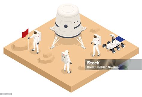 등각 투영 로켓이 화성에 이륙하거나 착륙합니다 화성 식민지화 생물 학적 테라포밍 파라 테라 포밍 화성에 인간적응 우주 비행 및 우주 기술 우주 비행사에 대한 스톡 벡터 아트