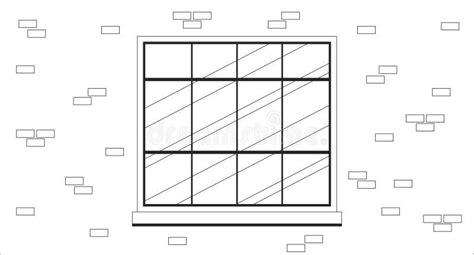 Brick Building Window Outside Black And White Cartoon Flat Illustration
