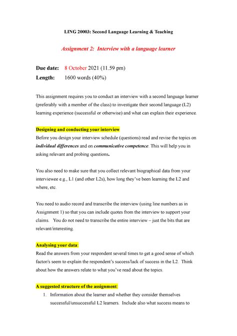 Assignment 2 Instructions 2021 Ling 20003 Second Language Learning