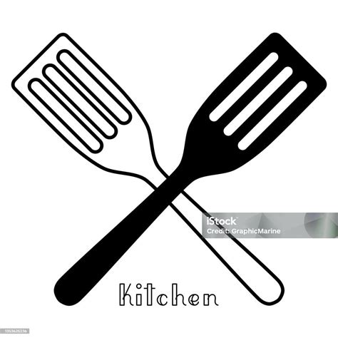 두 교차 주걱과 손으로 그린 단어 부엌 로고 윤곽 흰색 배경에 고립 된 간단한 미니멀 한 평면 디자인 벡터 일러스트의 주방 도구