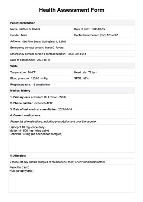 Health Assessment Form And Template Free Pdf Download