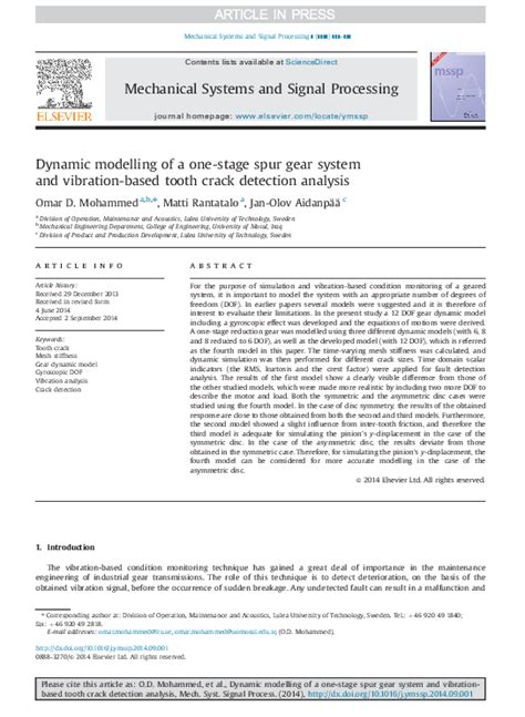 Pdf Dynamic Modelling Of A One Stage Spur Gear System And Vibration Based Tooth Crack