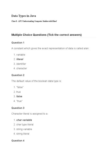 Data Types In Java Multiple Choice Questions Tick The Correct Answers Pdf Data Type