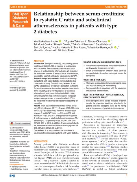 Pdf Relationship Between Serum Creatinine To Cystatin C Ratio And Subclinical Atherosclerosis