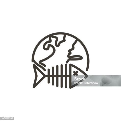 벡터 얇은 선 아이콘 그림에는 행성 지구가 있는 물고기뼈 죽은 물고기 척추가 있습니다 바다의 건강 환경 보존 및 인식을 나타내는