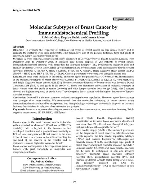 Pdf Molecular Subtypes Of Breast Cancer By Immunohistochemical Profiling