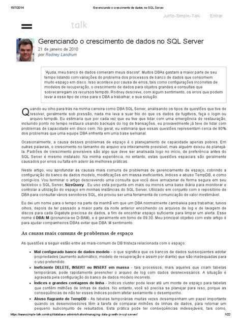 Gerenciando O Crescimento De Dados No Sql Server Pdf Microsoft Sql
