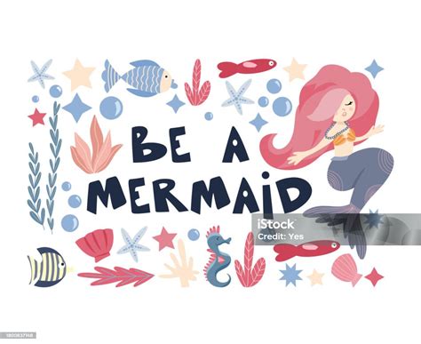 해초 산호 및 바다 생물 중 바다 아래 귀여운 인어와 함께 미리 만들어진 구성 인어에 대한 인어 레터링 포스터 카드 섬유 인쇄에 대한 벡터 손으로 그린 일러스트레이션 0명에