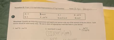 Solved Worksheet B Topic 312 Equivalent Representations Of Trig Functions Name Directions