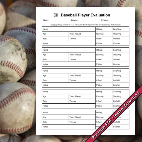 Baseball Player Evaluation Skills Assessment Form Printable Pdf Instant Digital Download