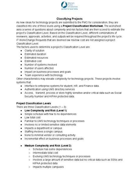 Classifying Projects Project Classification Levels Pdf Business