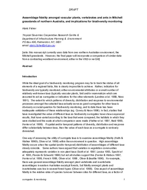 Pdf Assemblage Fidelity Amongst Vascular Plants Vertebrates And Ants In Mitchell Grasslands