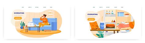 방문 페이지 디자인 웹 사이트 배너 벡터 템플릿 세트를 과식합니다 피자 햄버거를 먹는 여자 건강에 해로운 정크 패스트 푸드 가정 생활에 대한 스톡 벡터 아트 및 기타 이미지