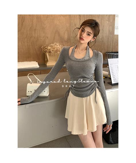 샤샤클럽 봄신상 S~l Made 승모근커버 페이크 레이어드 셔링 홀터넥 슬림핏 나시 긴팔 티 탑 발레코어 코디 Z Ssc 8250