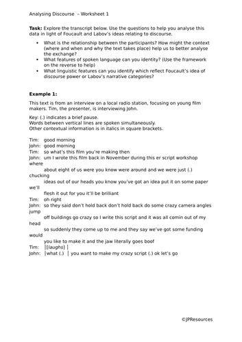 Analysing Discourse Spoken Language A Level Unit Teaching Resources