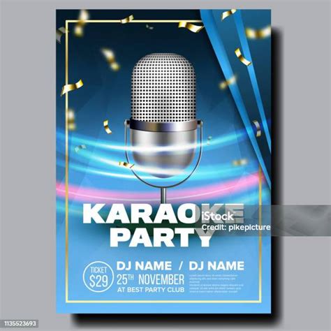 가라오케 포스터 벡터입니다 레트로 콘서트 가라오케 클럽 배경입니다 마이크 디자인 크리에이티브 레이아웃 오디오 요소입니다 스피커 라벨 엔터테인먼트 경쟁 미디어 발표 럭셔리 현
