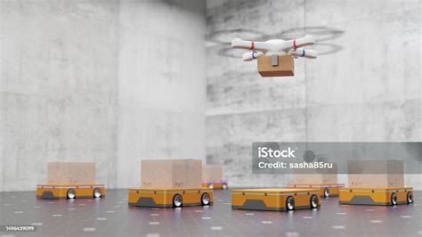 미래의 기술 3d 개념 Agv 로봇 판지 상자를 유통 물류 센터로 배달하는 Uav 소매 창고를 위한 자동화된 Agv 로봇 자동화 된 차량 상품 제품 포장 3d 렌더링