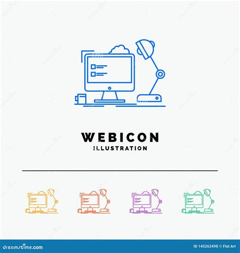 Workplace Workstation Office Lamp Computer 5 Color Line Web Icon Template Isolated On White