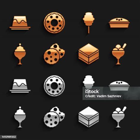쿠키 또는 비스킷 수제 파이 그릇에 담긴 아이스크림 브라우니 초콜릿 케이크 솜사탕 푸딩 커스터드 및 도넛 아이콘을 설정합니다 벡터 0명에 대한 스톡 벡터 아트 및 기타