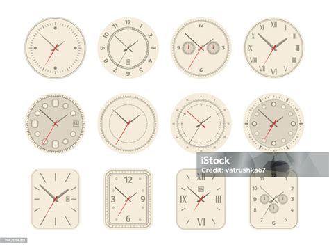아날로그 시계 다이얼 아라비아 로마 숫자 초침이 있는 기계식 시계 페이스 크로노미터 시간 요일 기호가 있는 손목시계 세트 벡터 컬렉션 2에 대한 스톡 벡터 아트 및 기타