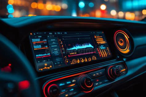 futuristic car dashboard glowing in the dark with various controls and