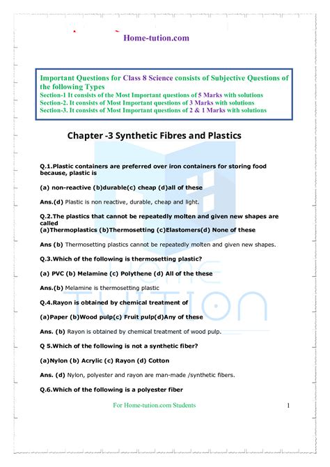 Important Questions For Cbse Class 8 Science Chapter 3 Synthetic Fibres And Plastics