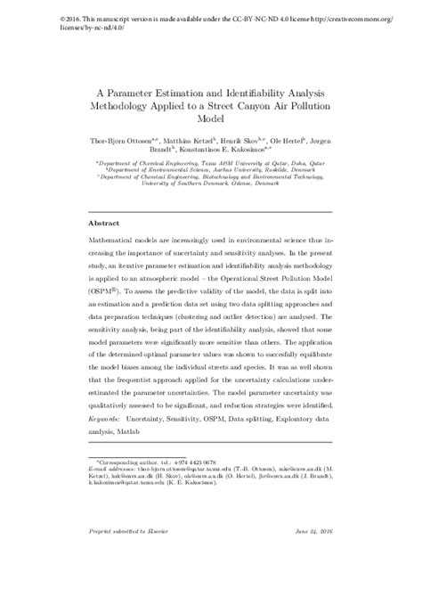 Pdf A Parameter Estimation And Identifiability Analysis Methodology Applied To A Street Canyon