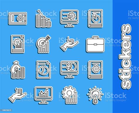 광선 빛과 아이디어의 개념 사용자 설명서 서류 가방 컴퓨터 모니터 그래프 차트 대상 문서 안전 및 돈 손 아이콘라인 전구를 설정합니다 벡터 가방에 대한 스톡 벡터 아트 및