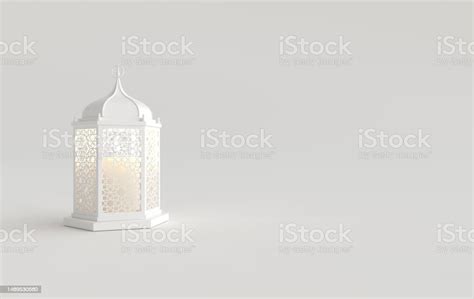 촛불이달린 흰색 등불 아랍어 장식이 있는 램프 아라베스크 디자인 이슬람 축하 날 라마단 카림 또는 이드 알 Fitr 아드하에 대한 개념 3d 렌더링 그림 Eid Al