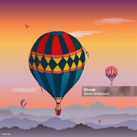 풍선 벡터 카드입니다 구름 저녁 하늘에 비행 일부 다른 색 줄무늬 공기 풍선 구름과 조류의 패턴은 하늘에 급증 여행과 휴가 광고에 대한 스톡 벡터 아트 및 기타 이미지