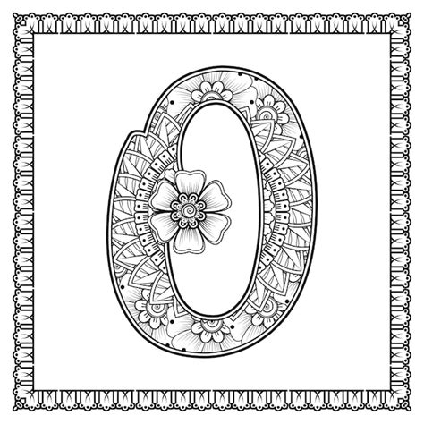 멘디 스타일 색칠하기 책 페이지 개요 Handdraw 벡터 일러스트 레이 션에 꽃으로 만든 문자 O 프리미엄 벡터