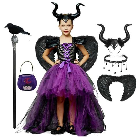 Halloween Girls Costume Dress Evil Mesh Princess Cosplay With Crown And