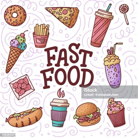 완벽 한 패턴입니다 패스트 푸드와 빈티지 일러스트 낙서 요소와 개념 디자인 메뉴에 대 한 배경에 레터링 어떤 목적을 위해 그림 개념에 대한 스톡 벡터 아트 및 기타 이미지