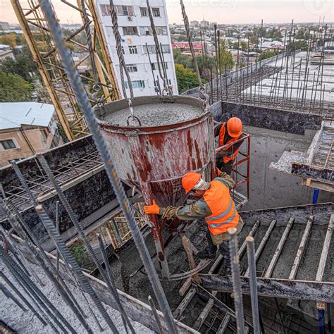 The Workers On A Building Infrastructure Roof With Machinery And Tools Pouring Concrete Into A