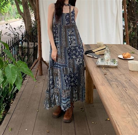 시어서커 패턴 에스닉 보헤미안 뷔스티에 끈나시 민소매 롱 원피스 이너 빈티지 휴양지 바캉스 비치 드레스