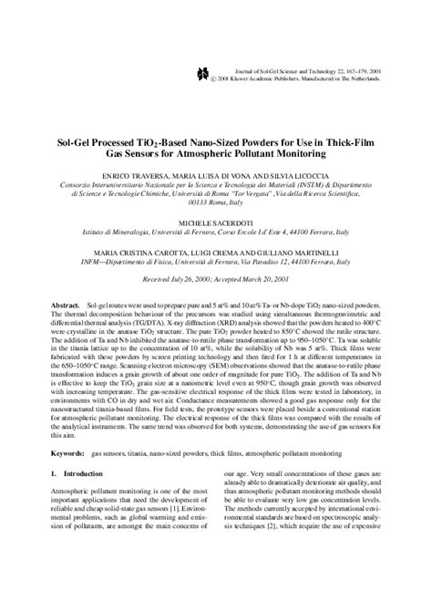 Pdf Sol Gel Processed Tio2based Nano Sized Powders For Use In Thick Film Gas Sensors For