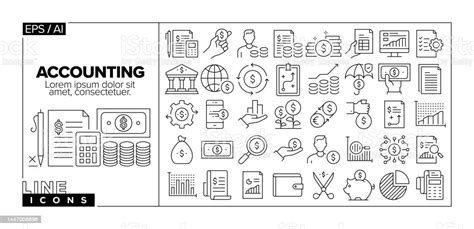 회계 관련 라인 아이콘 세트입니다 돈 세금 양식 예산 부 비용 수익 계산기 회계학 은행 경제 금융 현금 흐름 통화 수학 경제에